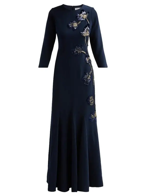 Rickie Freeman For Teri Jon Embellished Godet Crepe Gown - Navy Multi