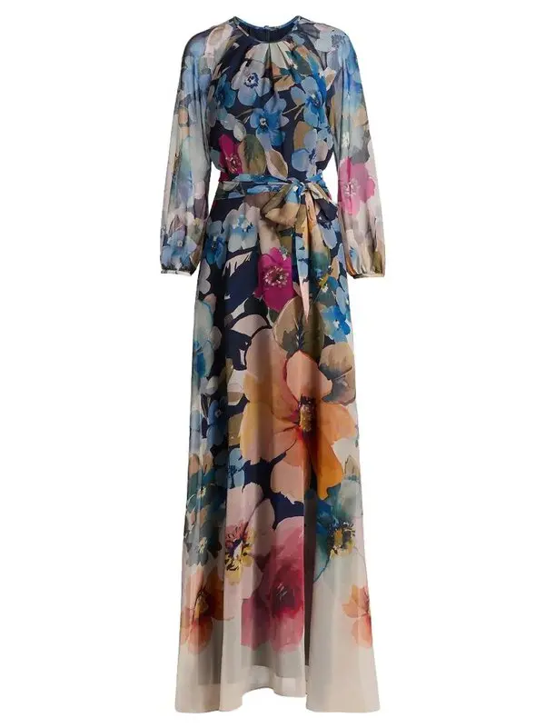 Rickie Freeman For Teri Jon Floral Chiffon Maxi Gown - Blue Multi