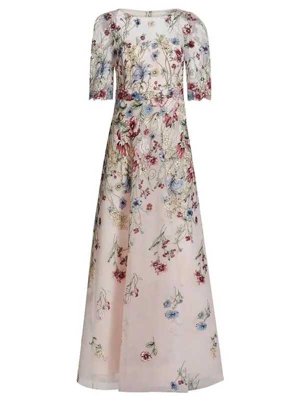 Rickie Freeman For Teri Jon Floral-embroidered Tulle A-line Gown - Blush Multi