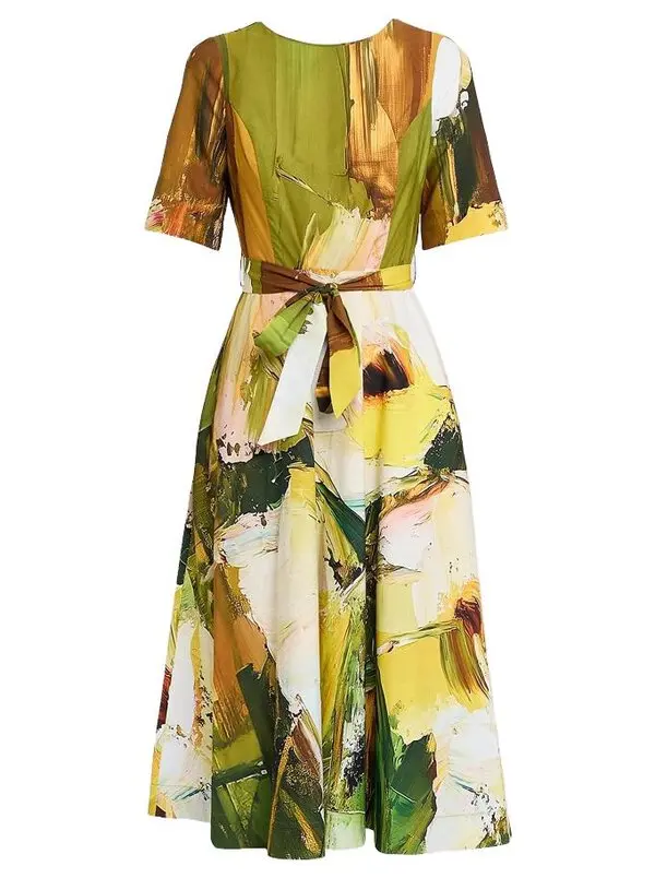 Rickie Freeman For Teri Jon Paint-print Boatneck Cotton Apron Midi-dress - Copper Mult