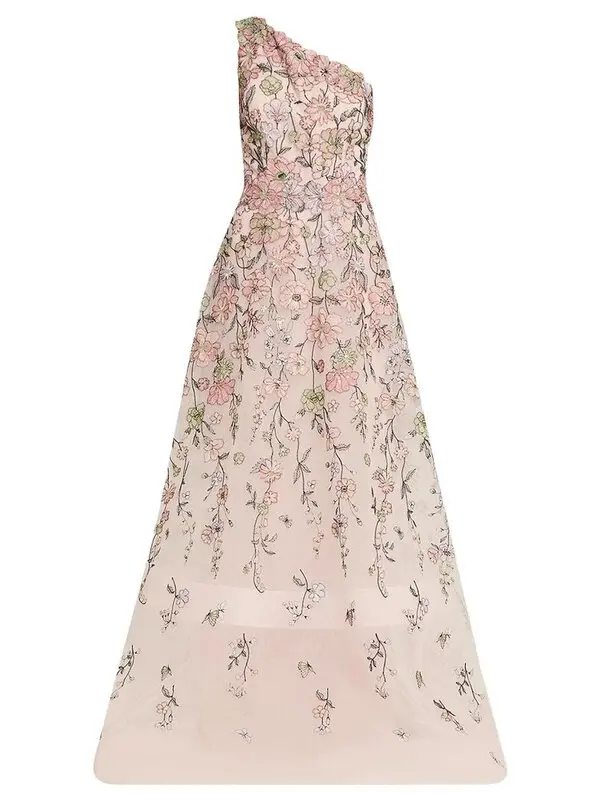 Rickie Freeman For Teri Jon Floral-embroidered One-shoulder Tulle Gown - Blush Multi