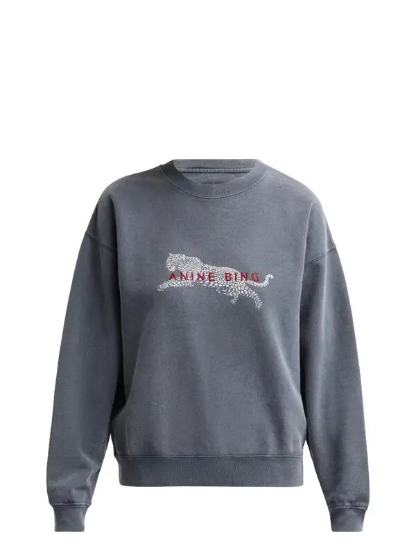 ANINE BING Spencer Leopard French-terry Crewneck Sweatshirt - Black