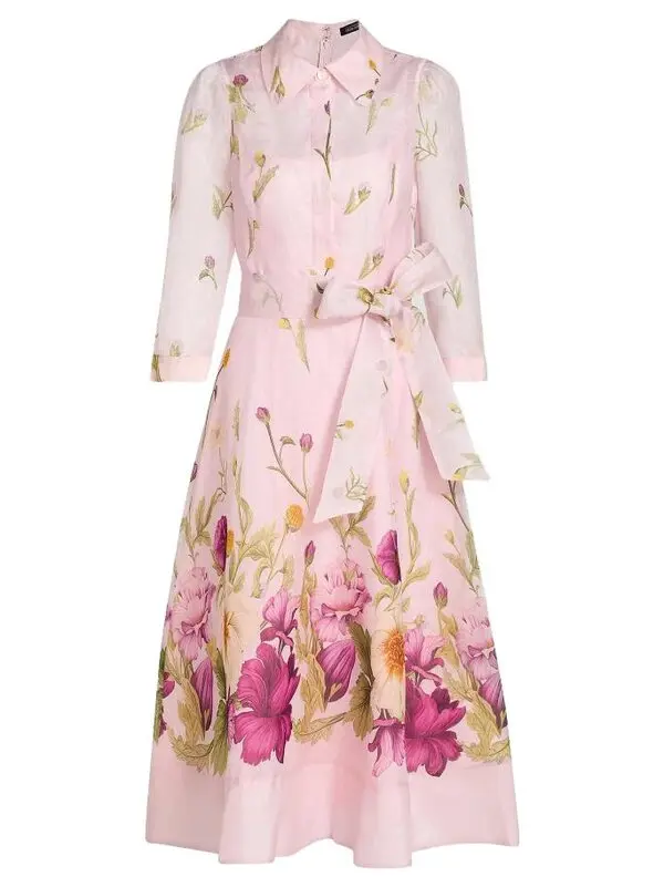Rickie Freeman For Teri Jon Floral Silk-linen Shirtwaist Dress - Pink Multi