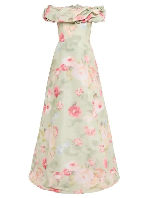 Rickie Freeman For Teri Jon Floral Off-the-shoulder Taffeta A-line Gown - Mint Mult