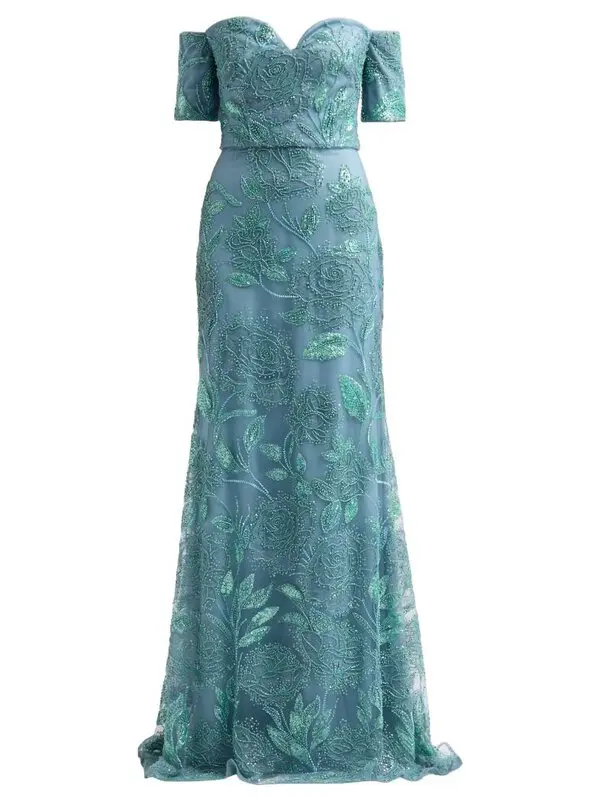Theia Turin Floral Beaded Off-the-shoulder Gown - Blue Overcast