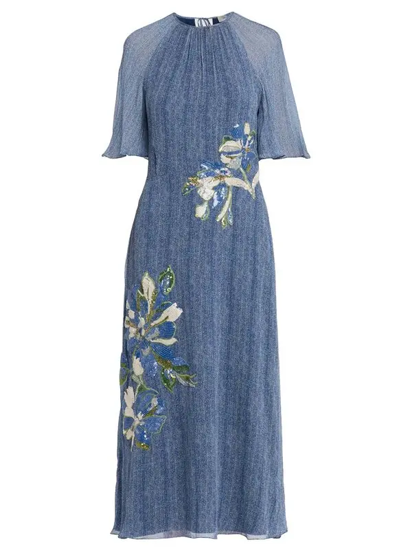 Rickie Freeman For Teri Jon Sequined Floral Silk Chiffon Midi Dress - Blue Multi