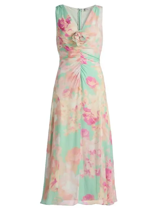 Rickie Freeman For Teri Jon Floral Silk Chiffon Ruched-front Midi-dress - Mint Multi
