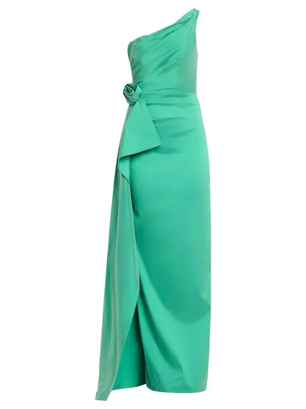Rickie Freeman For Teri Jon Flower-corsage One-shoulder Taffeta Gown - Lime