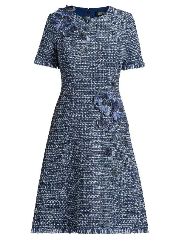 Rickie Freeman For Teri Jon 3d Floral Appliqué Tweed Mini Cocktail Dress - Blue Multi