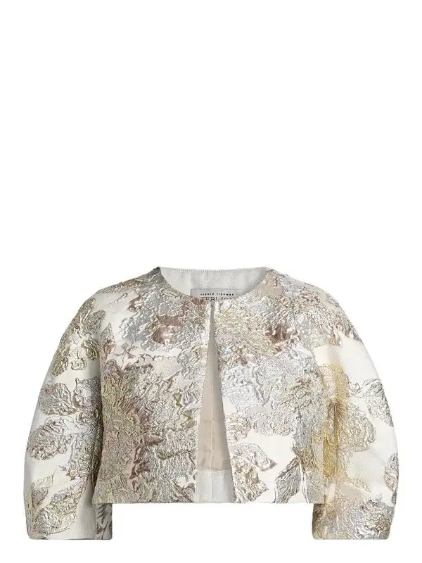 Rickie Freeman For Teri Jon Metallic Jacquard Crop Bolero - Beige Multi