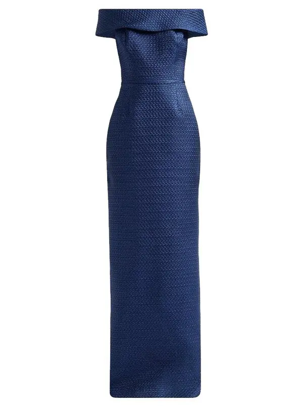 Rickie Freeman For Teri Jon Basket Weave Jacquard Off-the-shoulder Column Gown - Sapphire