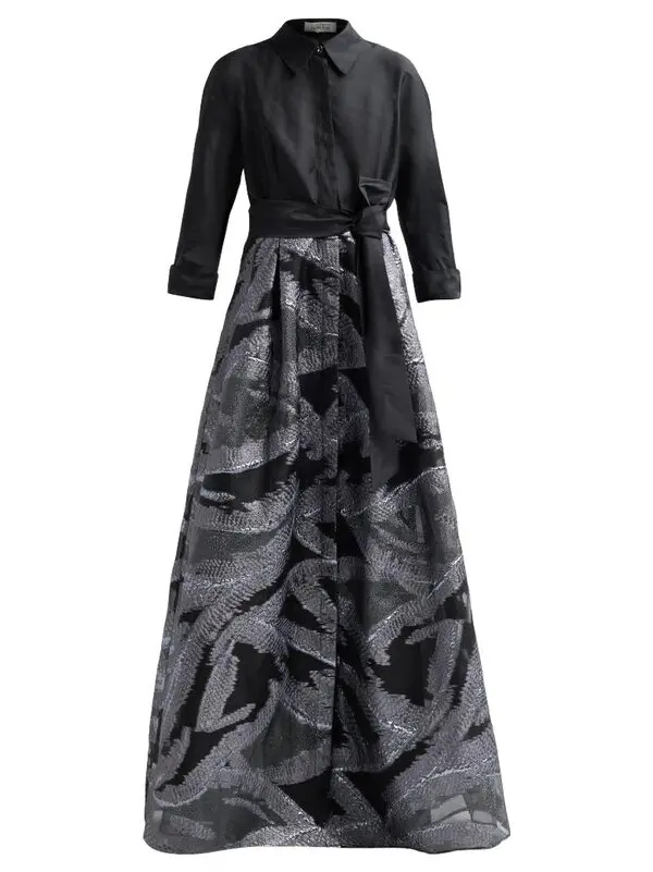 Rickie Freeman For Teri Jon Metallic Organza Taffeta Shirtwaist Gown - Black Pew