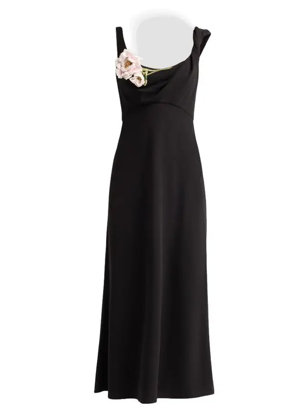 Lela Rose Peony-embroidered Twist Midi Dress - Black