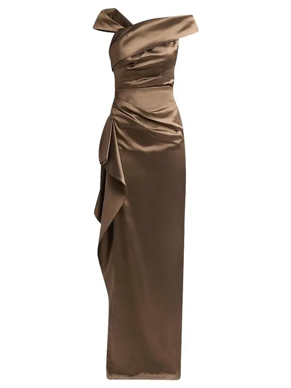Rickie Freeman For Teri Jon Draped Woven Taffeta Column Gown - Bronze