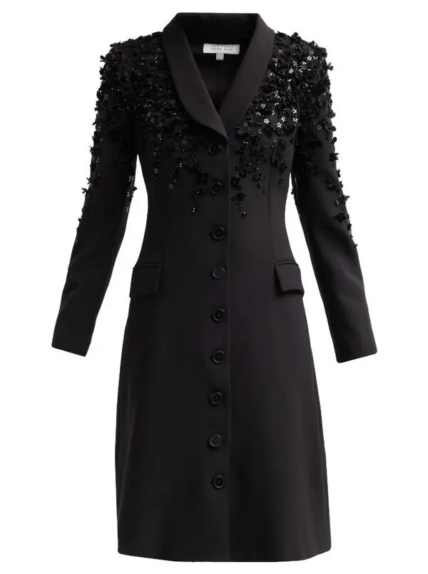 Rickie Freeman For Teri Jon Crêpe Floral Appliqué Tuxedo Cocktail Dress - Black