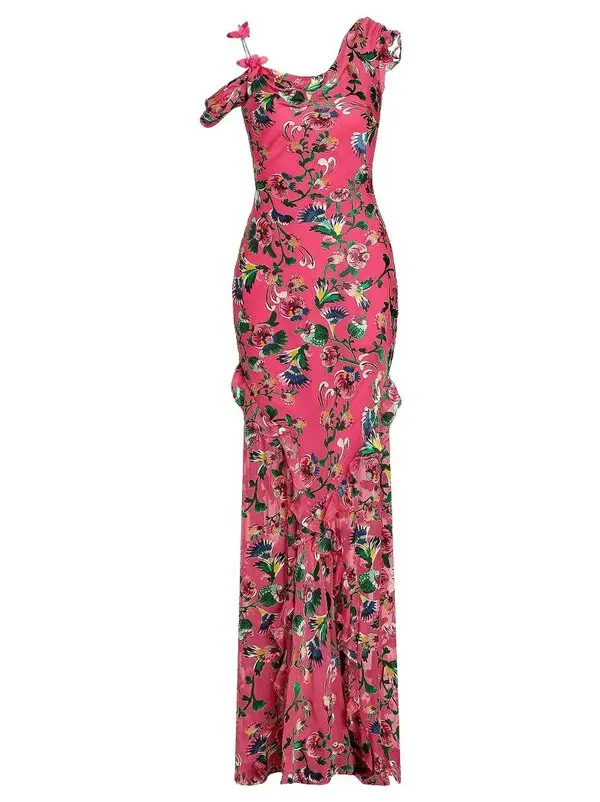 Saloni Seema Floral Asymmetric Ruffle Gown - Saffier Raspberry