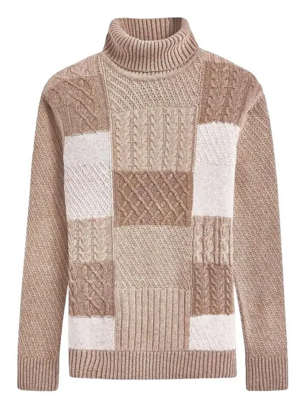 Bugatchi Wool-cotton Patchwork Turtleneck Sweater - Stone