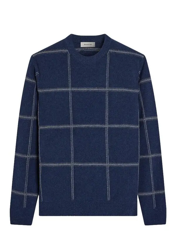 Bugatchi Plaid Wool-cotton Crewneck Sweater - Ink