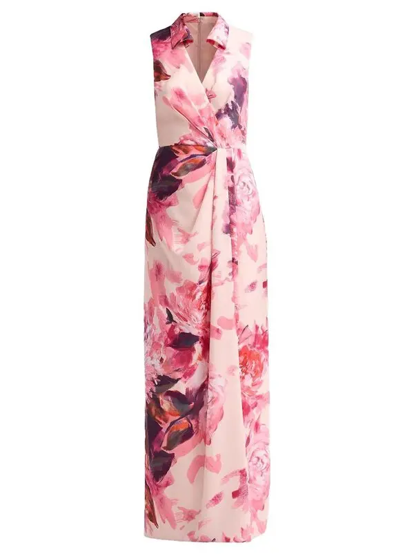 Aidan Mattox Floral Sateen Mock Wrap Maxi Dress - Pink Multi