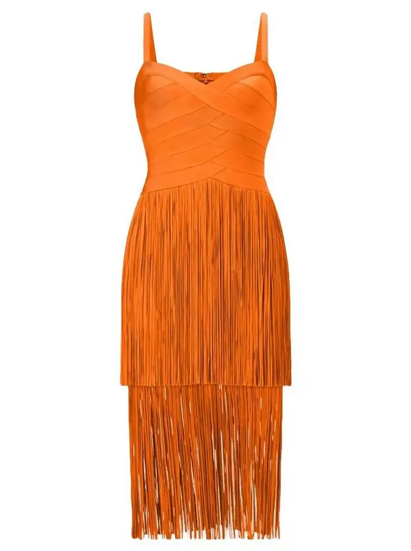 Herve Leger The Georgia Bandage Fringed Tiered Midi-dress - Sunset