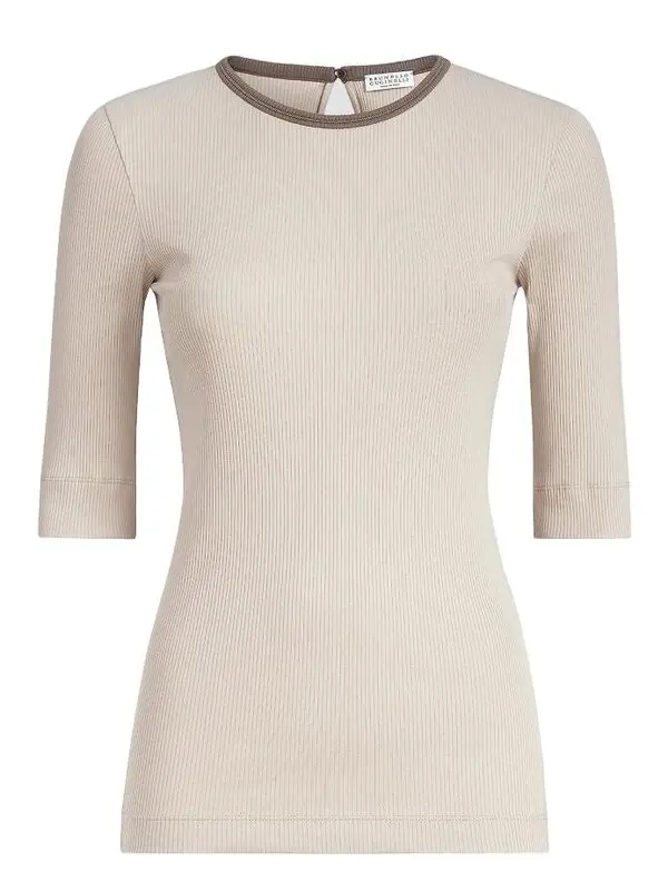 Brunello Cucinelli Stretch Cotton Ribbed Jersey Top With Shiny Trim - Buff