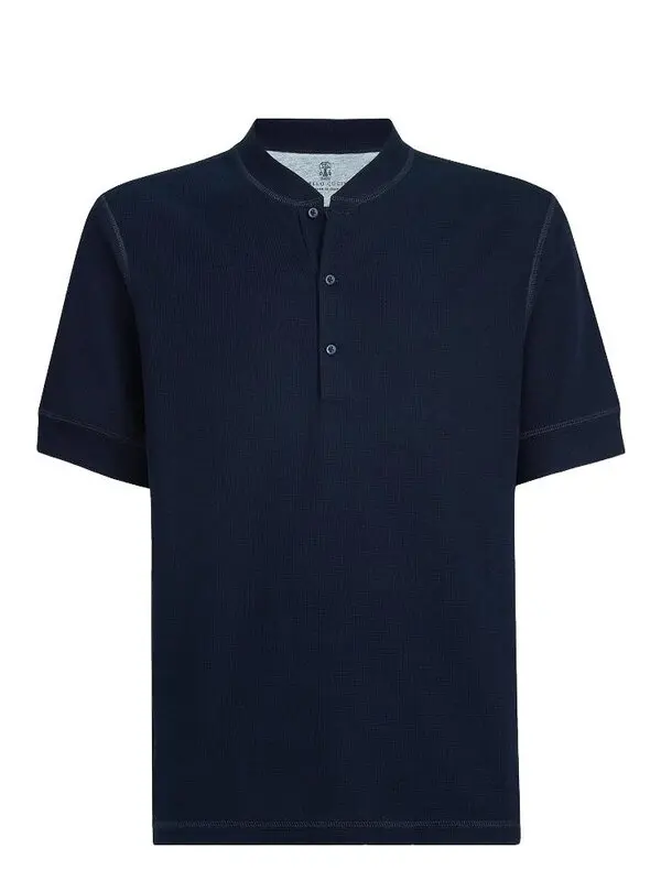 Brunello Cucinelli Cotton Waffle Jersey T-shirt With Henley Collar - Cobalt