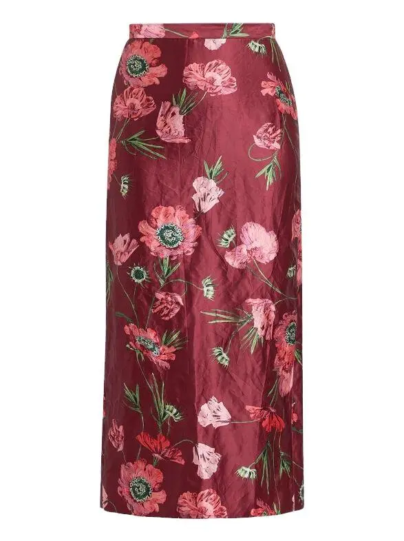 Erdem Floral Satin Midi Skirt - Ruby Red