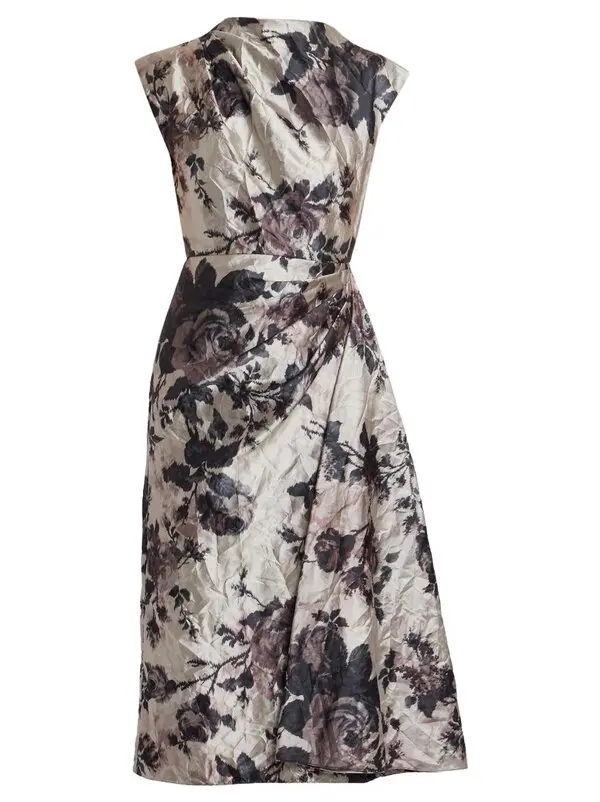 Erdem Draped Floral Textured Satin Midi Dress - Rose Pearl