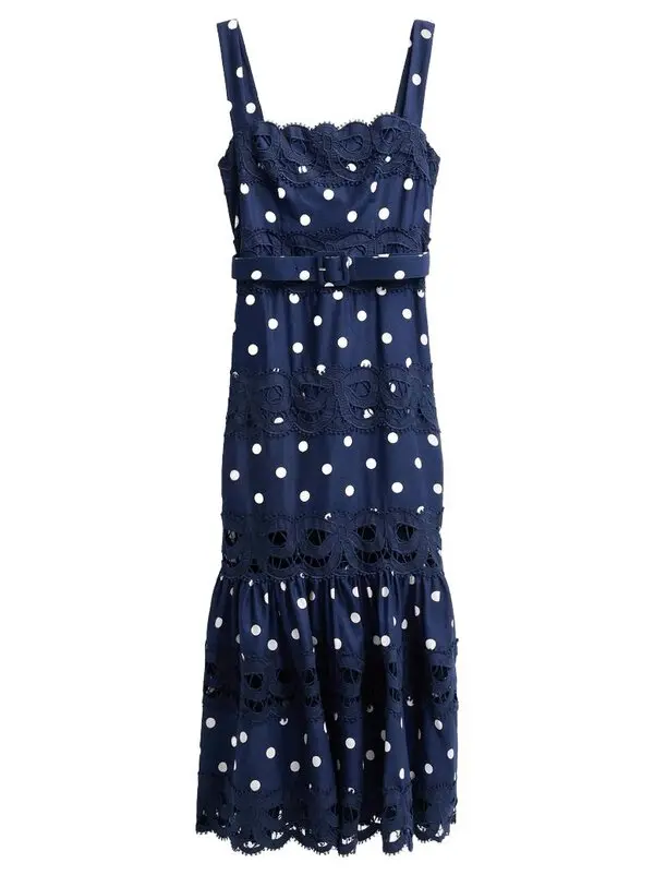 SELF-PORTRAIT Polka Dot Linen & Lace Midi Dress - Navy