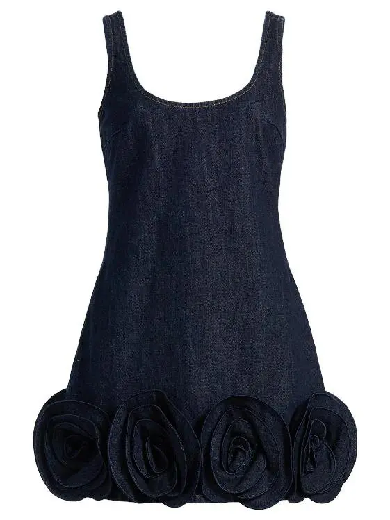 SELF-PORTRAIT Flower Appliqué Denim Minidress - Blue