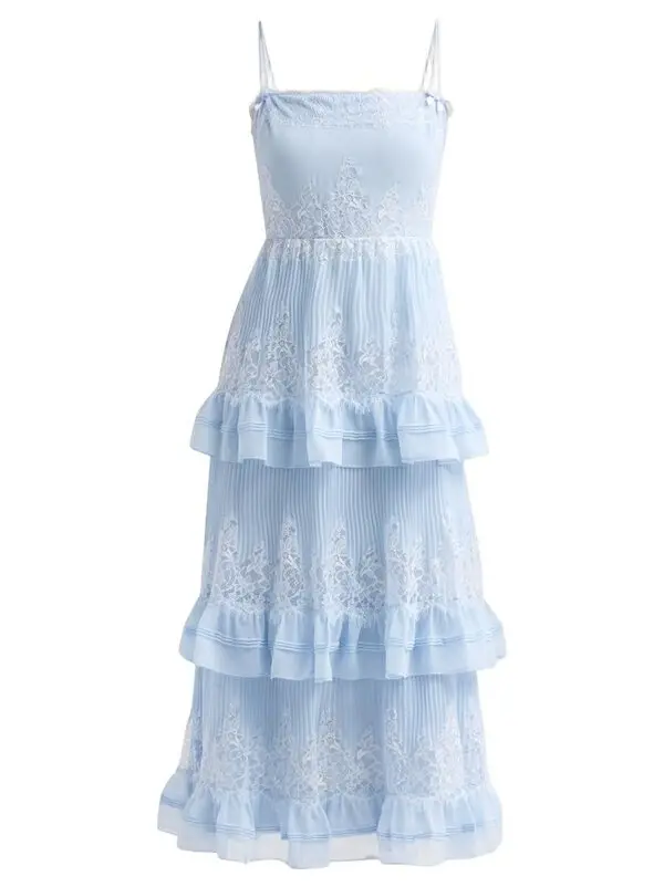 SELF-PORTRAIT Chiffon Lace Tiered Midi Dress - Blue