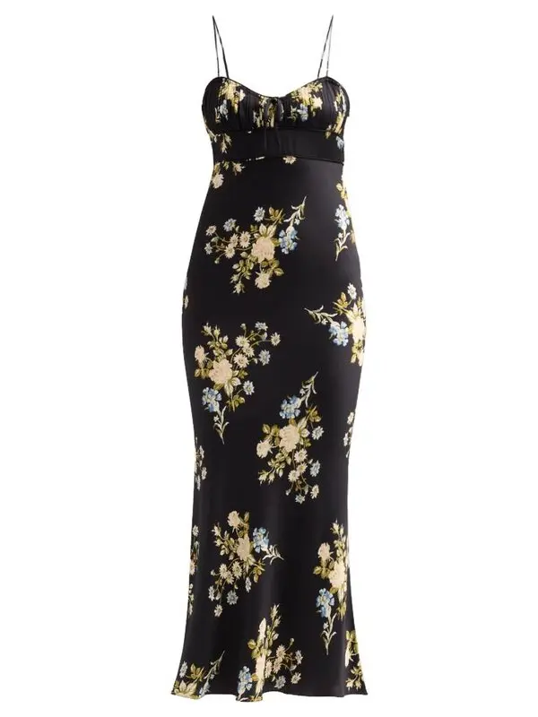Veronica Beard Kieren Floral Satin Midi Slipdress - Black Multi