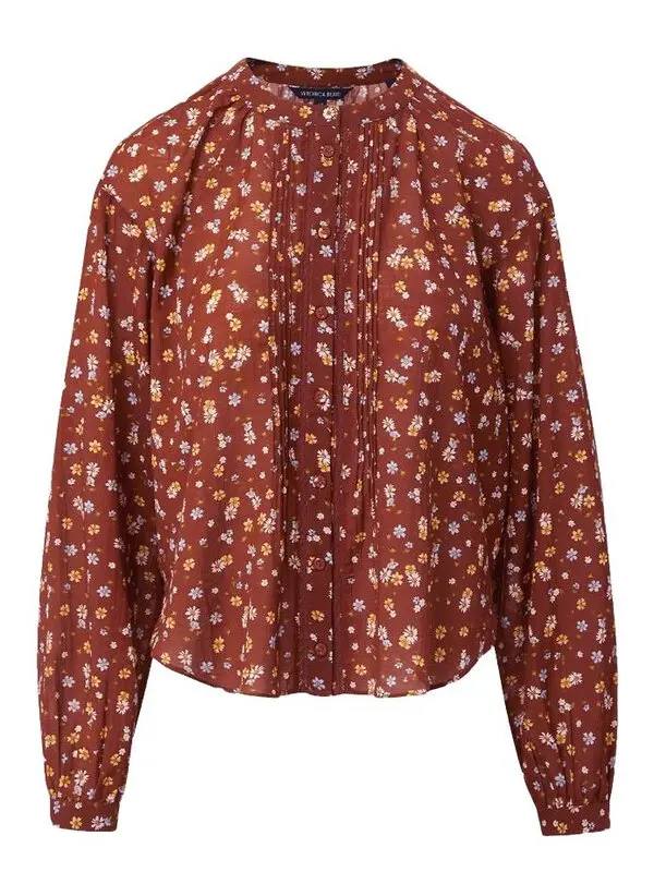 Veronica Beard Lollie Floral Pintuck Blouse - Rust Multi