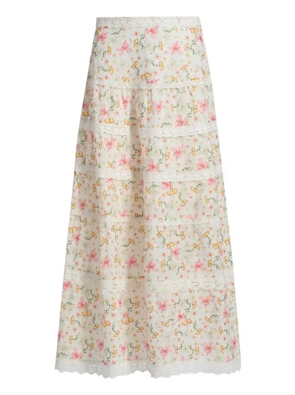 IF ONLY STUDIO Floral Crochet-trim Midi-skirt - Ecru Multi