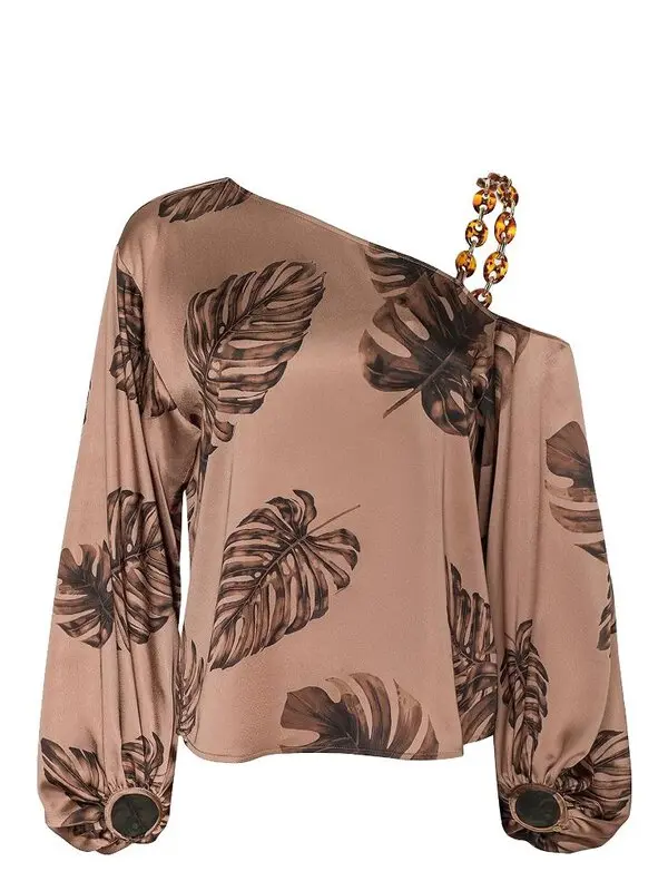 L'Agence Asami Printed Chain-shoulder Satin Blouse - Hazelnut Multi Large