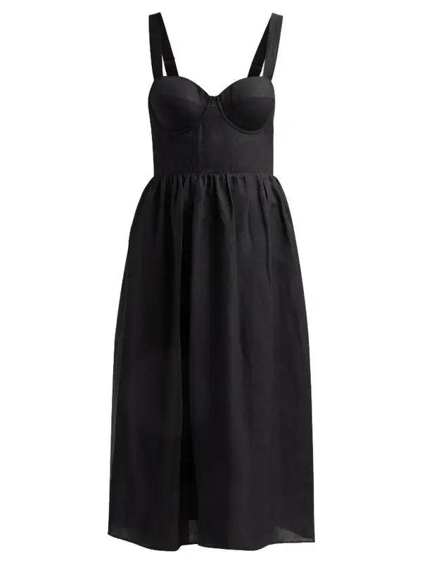 L'Agence Tiani Bustier Linen-blend Midi Dress - Black