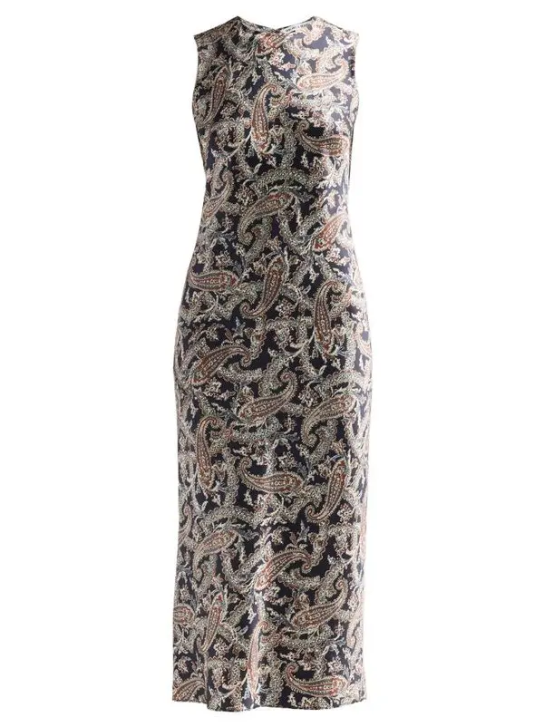 Veronica Beard Gemma Paisley Satin Sleeveless Midi Dress - Navy Multi