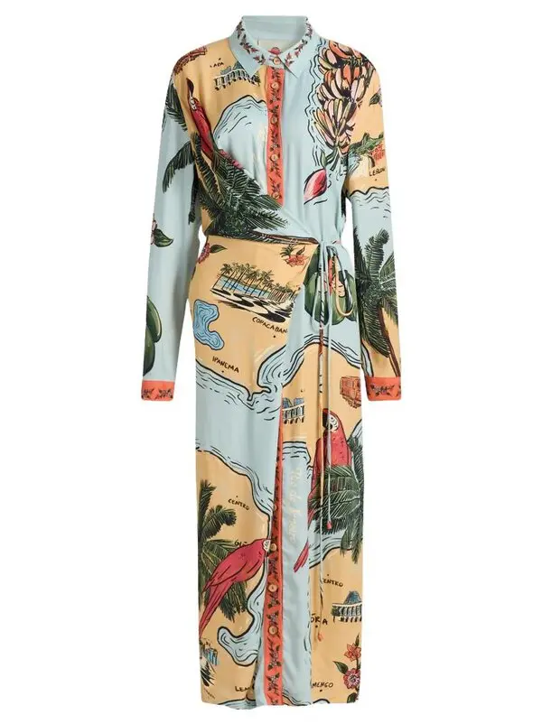 Farm Rio Beaches Path Collared Button-front Maxi Dress - Blue