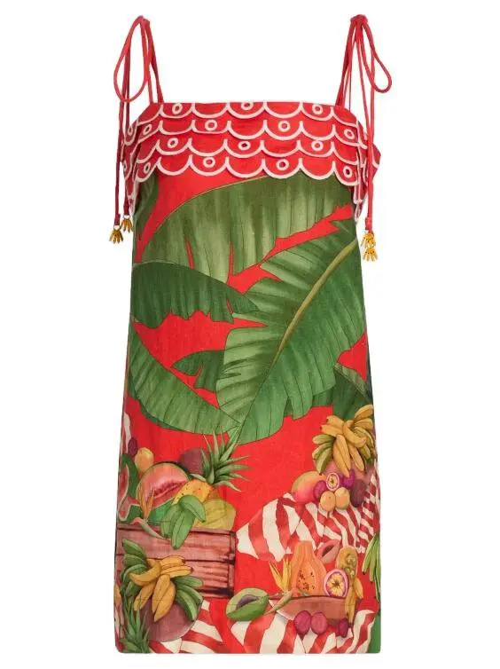 Farm Rio Fruit Trolley Banana Tassels Mini Dress - Red