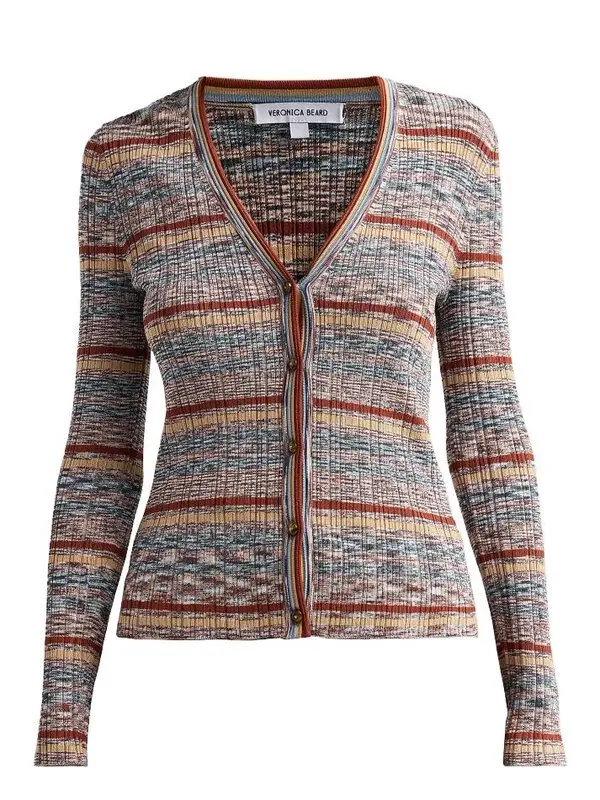 Veronica Beard Calliope Striped Ribbed-knit V-neck Cardigan - Rust Multi