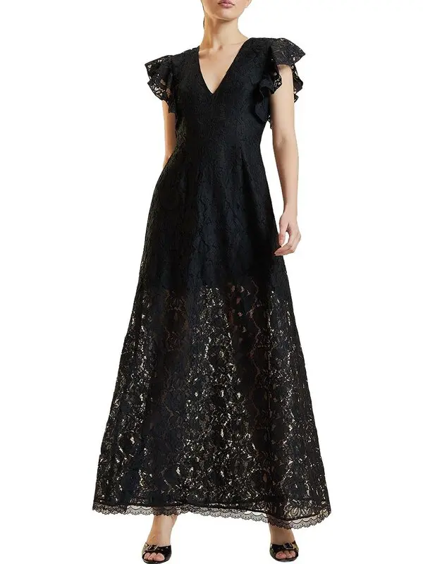 Cynthia Rowley Lace Flutter Sleeve Maxi Dress - Black