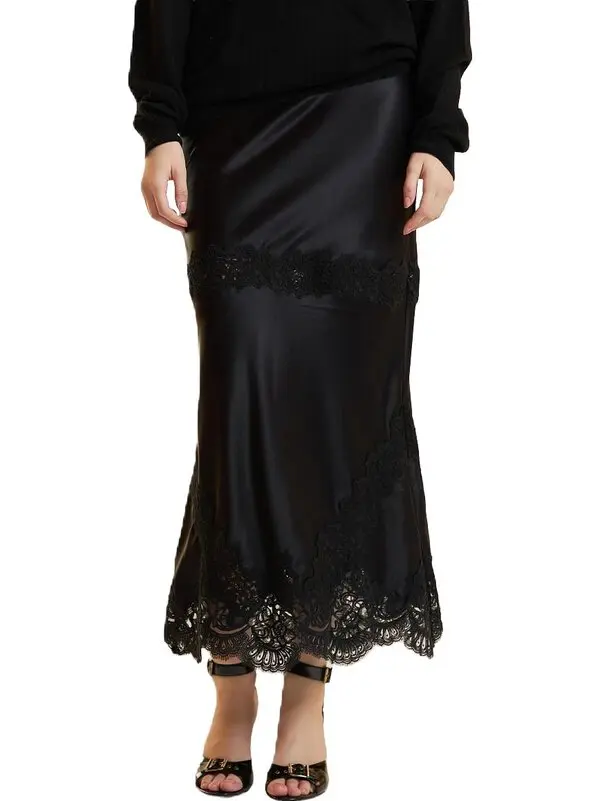Cynthia Rowley Satin Lace-trim Midi-skirt - Black