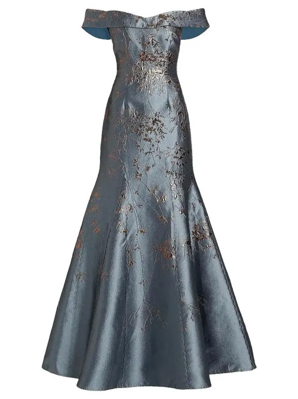 Rene Ruiz Collection Floral Brocade Off-the-shoulder A-line Gown - Blue