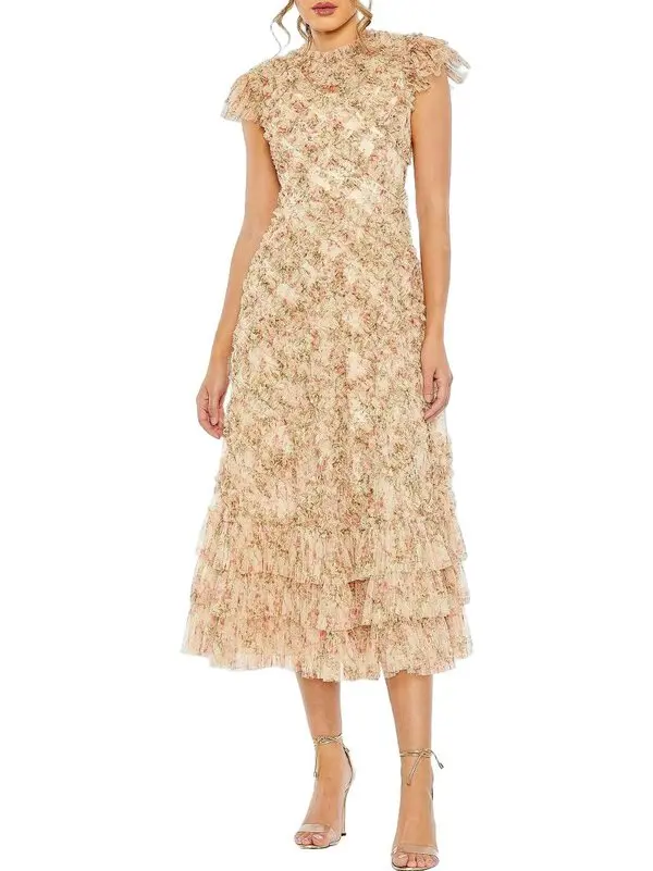 Mac Duggal Floral Ruffle Cocktail Dress - Beige Multi