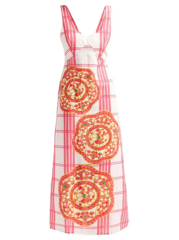 Verandah Bejewelled Linen Summer Maxi Dress - Ivory And Ruby