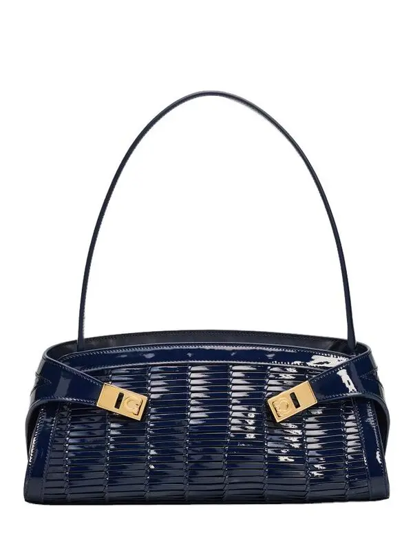 FERRAGAMO Hug Whispers Patent Leather East-west Shoulder Bag - Navy