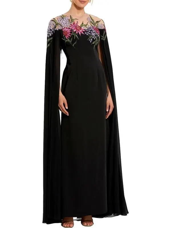 Mac Duggal Beaded Crepe Cape Gown - Black Multi