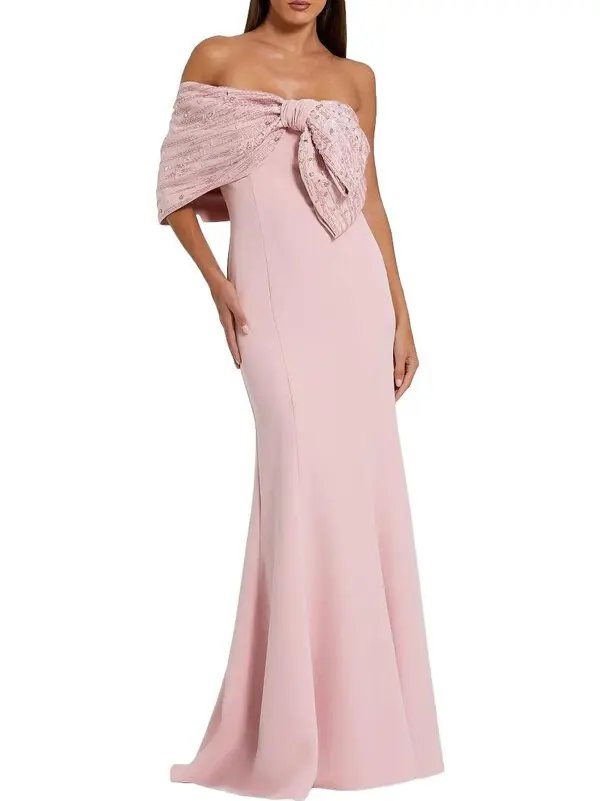 Mac Duggal Evening Beaded Off-the-shoulder Bow Satin Mermaid Gown - Blush