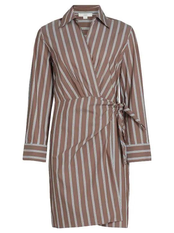 Vince Striped Cotton Wrap Minidress - Brown Multi