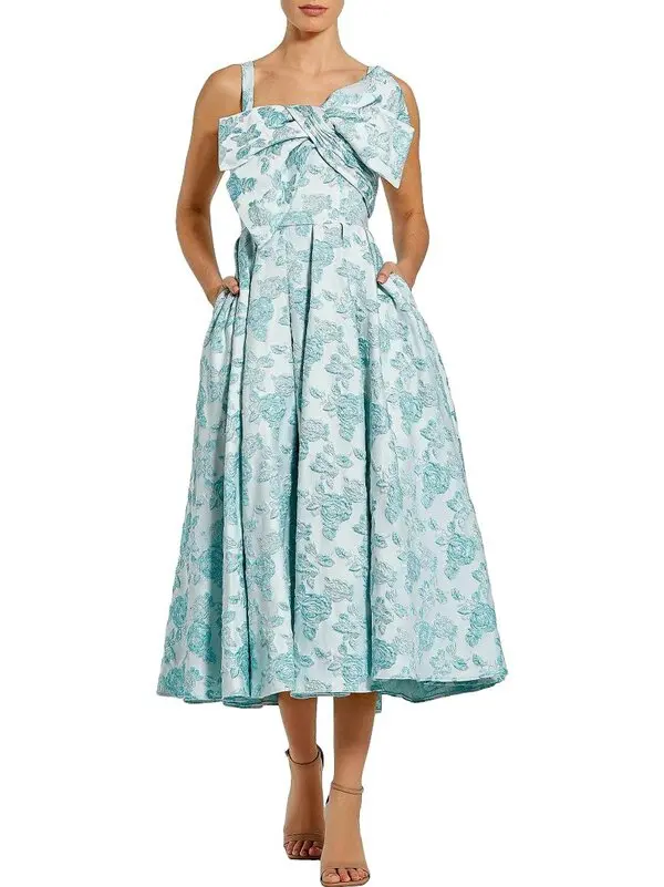 Mac Duggal Cocktail Bow Floral Brocade Fit & Flare Midi-dress - Seafoam